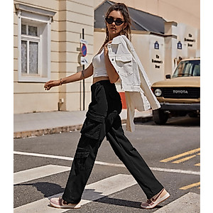 ZMPSIISA Women Pants High Waisted Cargo Pants Combat Military Wide Leg Casual Trousers 8 Pockets(Black,Small)