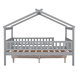 Merax Full Size Wooden House Bed with Two Drawers, Wood Bed Frame with Roof and Safety Guardrail for Kids, Teens, Boys or Girls, Gray