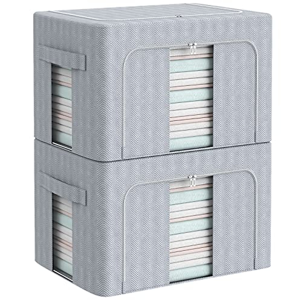 Clothes Storage Organizer Bins- Stackable Storage Containers for Closet Foldable Storage Bins for Clothes with Clear Window & Carry Handles (Extra Large-100L(23.6x16.5x15.7inch), Light Gray)
