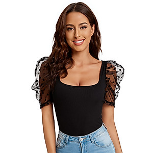 Verdusa Women's Polka Dot Mesh Puff Sleeve Square Neck Top Black M