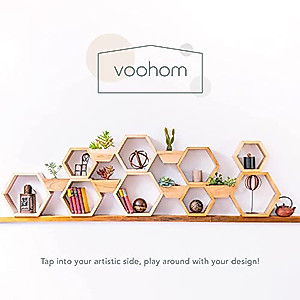 voohom Hexagon Floating Shelves – Set of 3 – 2 Wooden Plant Pots – Honeycomb Floating Shelves – Geometric Hexagon Shelves – Honeycomb Decor - Mounting Accessories Included
