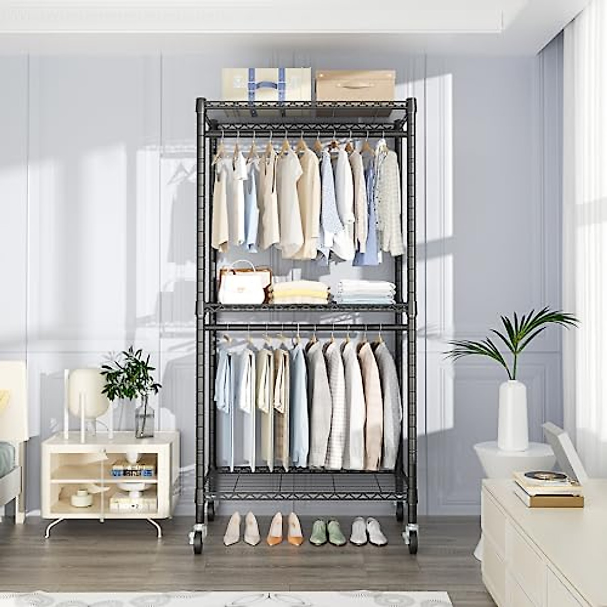 FUTASSI Portable Closets, Heavy-Duty Garment Rack with Shelves and Hanger Rods, Rolling Freestanding Wardrobe System, Clothes Organizers and Storage with 2 Lockable Casters, 30"W x 14"D x 76"H, Black