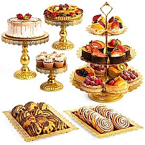 Priville Home 6-Piece Gold Cake Stand Set for Stunning Dessert Table Display - Elegant Dessert Trays for Dessert Table Setup - Wedding, Birthday, and Party Decorations