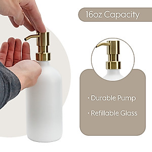 Darware 16oz Glass Pump Bottles (Set of 2, White w/Gold); Soap Dispenser Pump Bottles with Brushed Metal Pump Tops