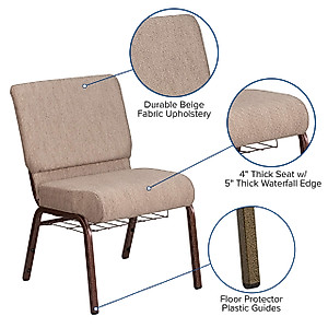 EMMA + OLIVER 21" W Church Chair, Beige Fabric Book Rack/Copper Vein Frame