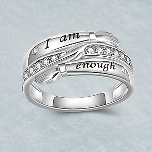 Sterling Silver i Am Enough Hug Ring Matching Engagement Promise for Women Best Friend Crystal Cubic Zirconia Cute Dainty Fidget For Anxiety Love Size 10 Rings