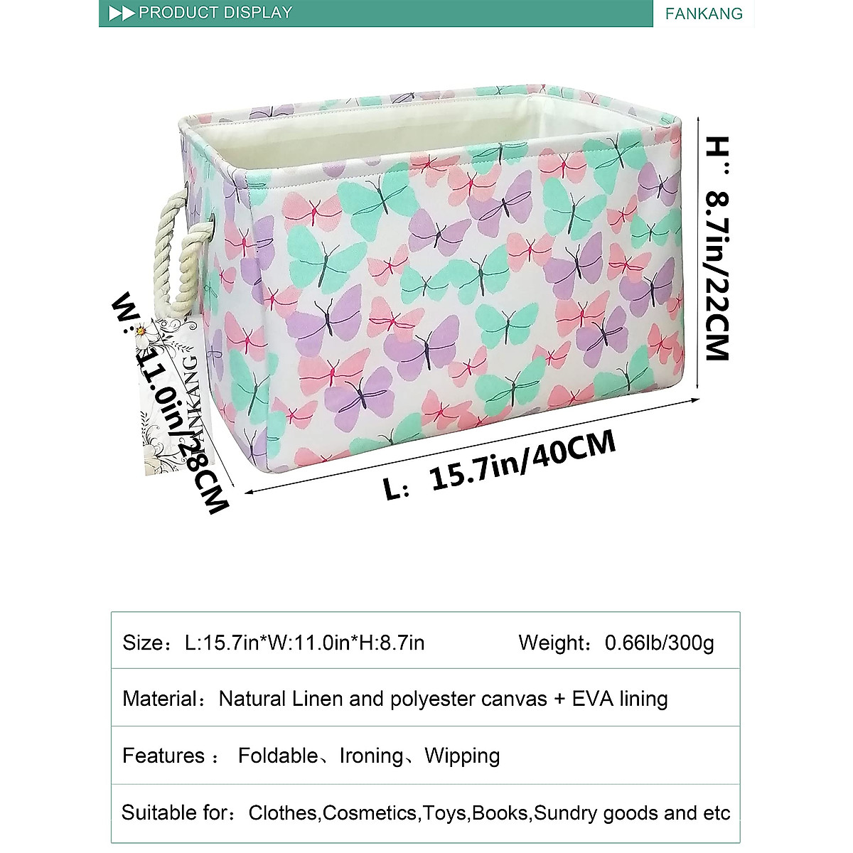 FANKANG Rectangular Laundry Basket Nursery Storage Fabric Storage Bin Storage Hamper,Gift Baskets (Butterfly)