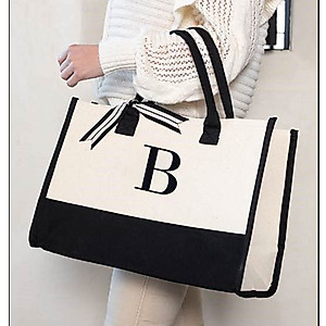 Mud Pie Classic Black and White Initial Canvas Tote Bags (B), 100% Cotton, 17" x 19" x 2"