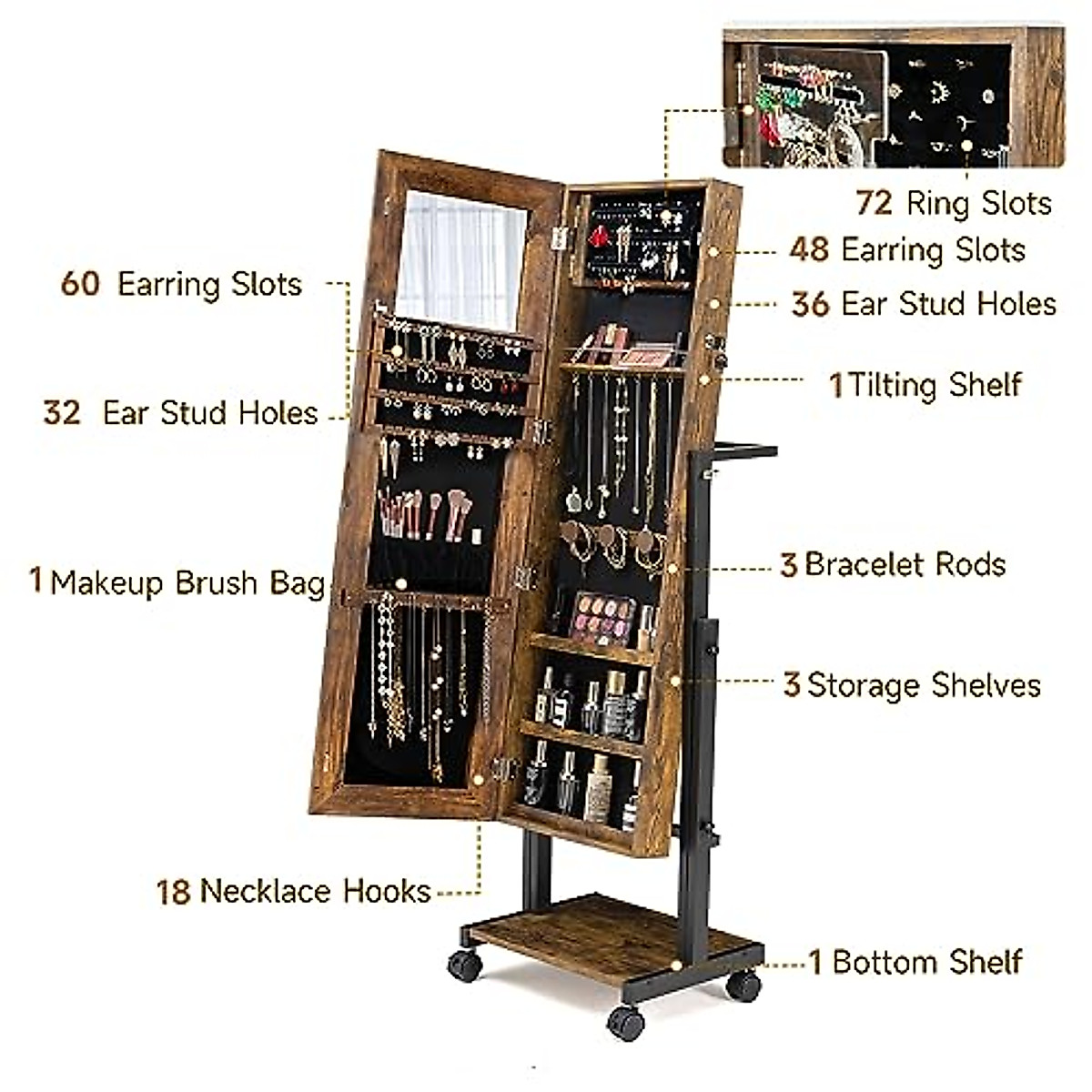 Lavievert LED Mirror Jewelry Cabinet with 4 Wheels, 47.2" Full Length Mirror with 3 Color Lights, Lockable Jewelry Armoire with Built-in Mirror, Bottom Shelf, 3 Adjustable Angles & Height - Brown