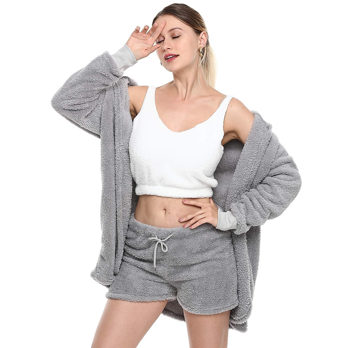Womens Sexy Fuzzy Warm Sherpa Fleece 3 Piece Outfit Fleece Coat Jacket Pajamas Loungewear Outwear and Spaghetti Strap Crop Top Shorts Set (Grey, M)