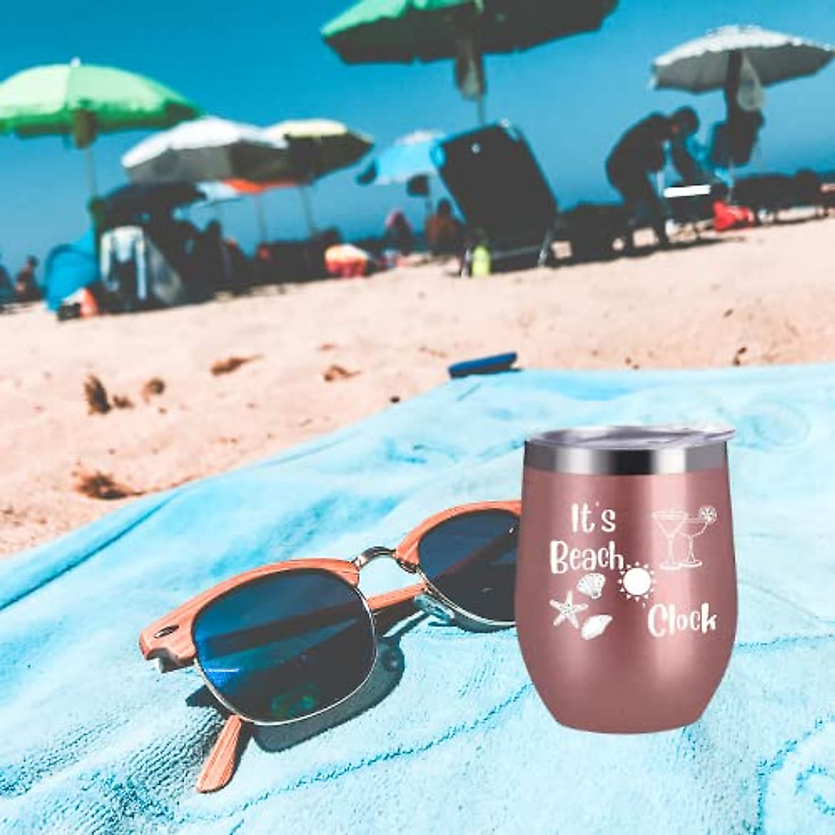 It's Beach O 'Clock, Lovely Shape Rose Gold With white Print, Insulated Wine Tumbler with Lid Double Wall Stainless Steeel, Coffee Mug, Beach Accesories, Cocktail, Beer, Office (Rose Gold)