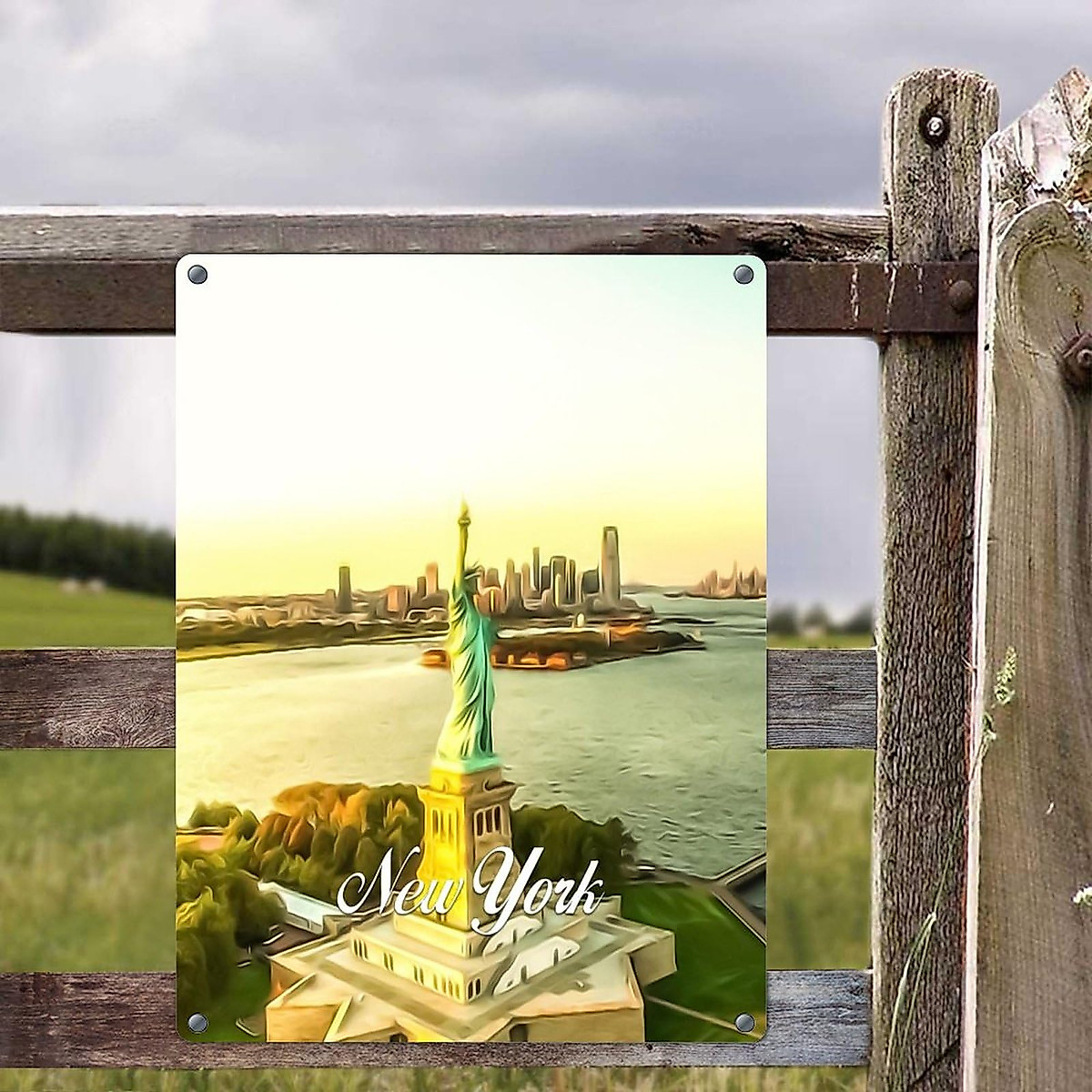 Autravelco Rustic Metal Signs Skyline New York City Landscape Wall Decor Aluminum Metal Sign for Coffee Bar Terrace Business USA Street Painting State Building Art Poster Gift for Dorm 12x16in