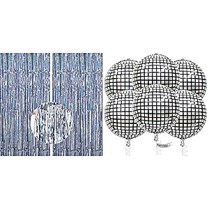 PartyWoo Foil Fringe Curtains Silver 2 pcs and 6 pcs Disco Silver Foil Balloons