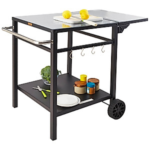 VEVOR Outdoor Grill Dining Cart with Double-Shelf, BBQ Movable Food Prep Table, Multifunctional Foldable Iron Table Top, Portable Modular Carts for Pizza Oven, Worktable with 2 Wheels, Carry Handle