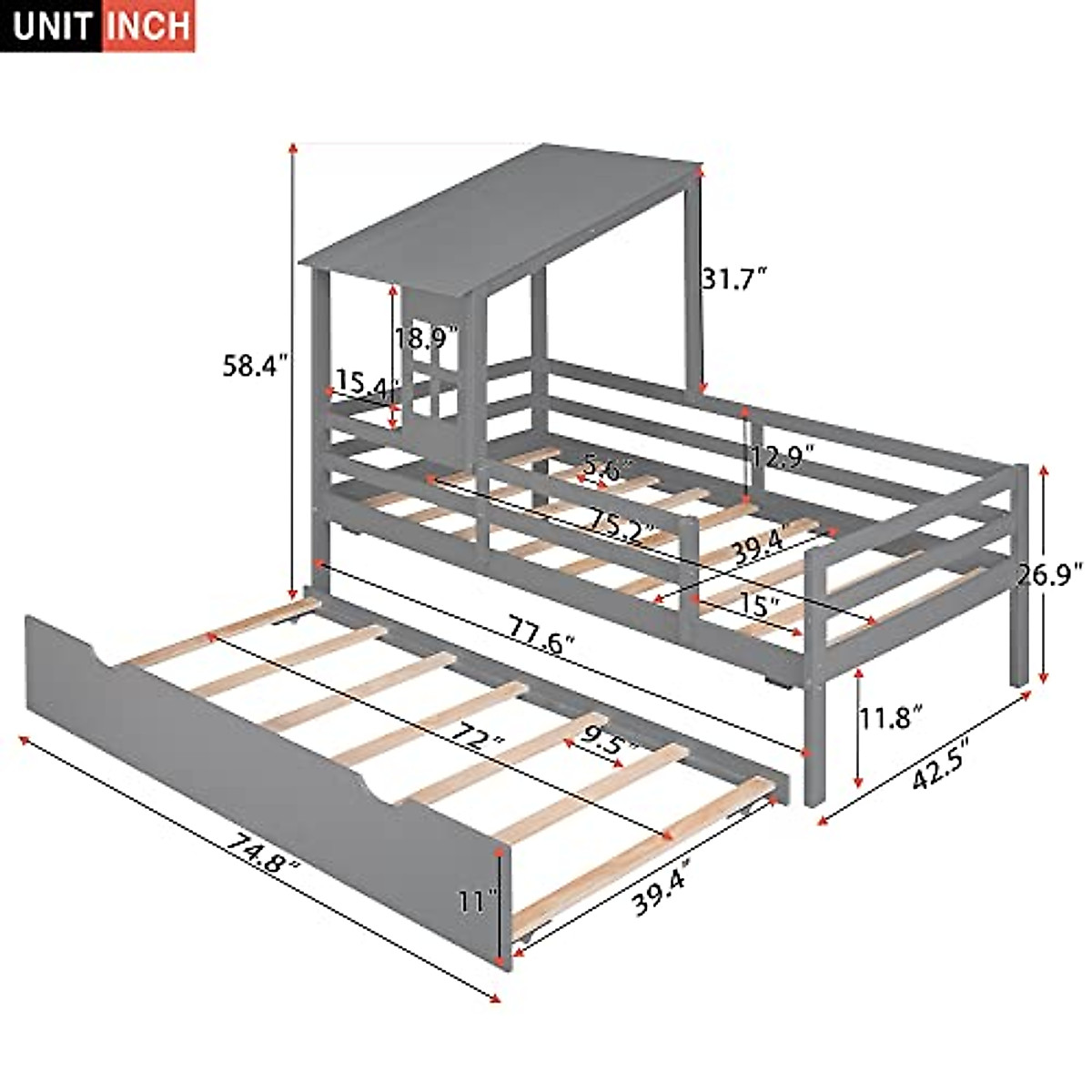 OPTOUGH Twin Size Low Loft Bed with Trundle,Wooden House Bed w/Roof and Window Design for Kids Teens Bedroom,Grey