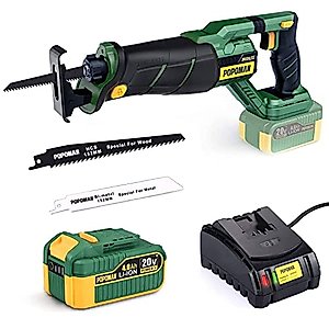 POPOMAN Cordless Brushless Reciprocating Saw, with 20V 4.0Ah Battery, 1-1/8"(28mm) Stroke Length, 0-2500 SPM Variable Speed, 2 Blades for Metal & Wood Cutting, Tree Trimming- MTW200B