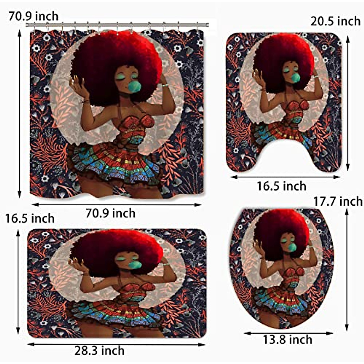 4 Pcs Durable Fabric African American Bathroom Shower Curtain Set,Bathroom Sets with Black Girl Shower Curtain and Rugs，with Toilet Lid Cover and Bath Mat