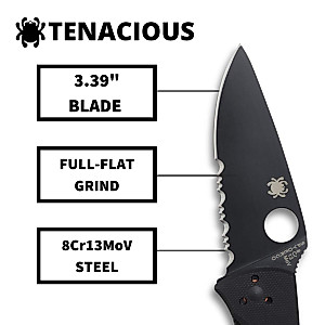 Spyderco Tenacious Folding Utility Pocket Knife with 3.39" Black Stainless Steel Blade and Durable G-10 Handle - Everyday Carry - CombinationEdge - C122GBBKPS