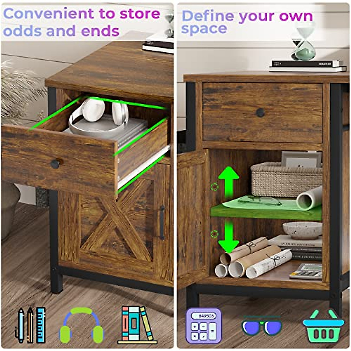 SEDETA 63" L Shaped Desk, Convertible Long Home Office Desk or Corner Desk, Office Computer Desk with Drawer, Power Strip, Storage Cabinet & Monitor Stand for Home Office, Rustic Brown