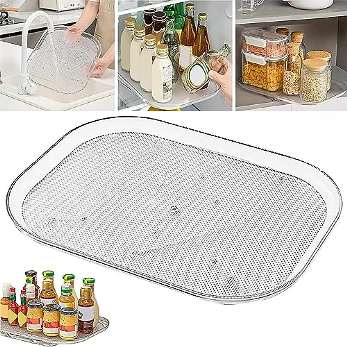 Fridge Turntable Organiser Kitchen Food Storage Tray Transparent Square 360°Rotatable Shelf Space Organizer Tray Countertop Spice Organiser for Cabinet Table Pantry Kitchen Countertop