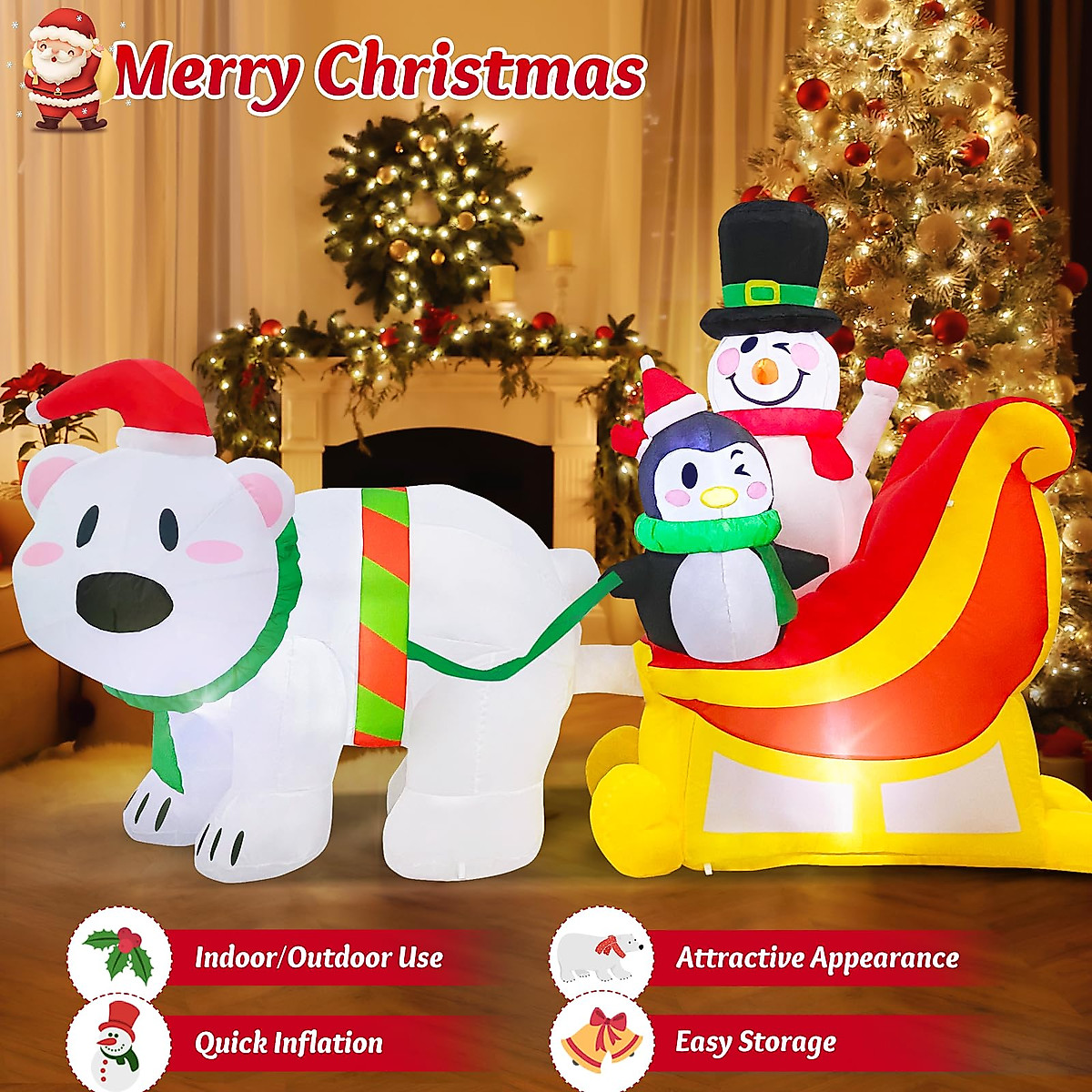 MICOCAH 7 FT Long Christmas Inflatables Snowman & Penguin on Sleigh with Polar Bear Inflatable Outdoor Christmas Decorations, Built-in LED Light Blow Ups for Yard Xmas Party Holiday Indoor Lawn Garden
