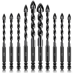 HPHOPE 10Pcs Masonry Drill Bits Set - Concrete Drill Bit Set for Tile, Brick, Glass, Plastic and Wood, Tungsten Carbide Tip Work with Ceramic Tile, Wall Mirror, Paver on Concrete or Brick Wall