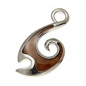 Arthur's Jewelry Koa Wood Hawaiian Ocean Wave Fish Hook Rhodium Plated Brass Pendant Charm