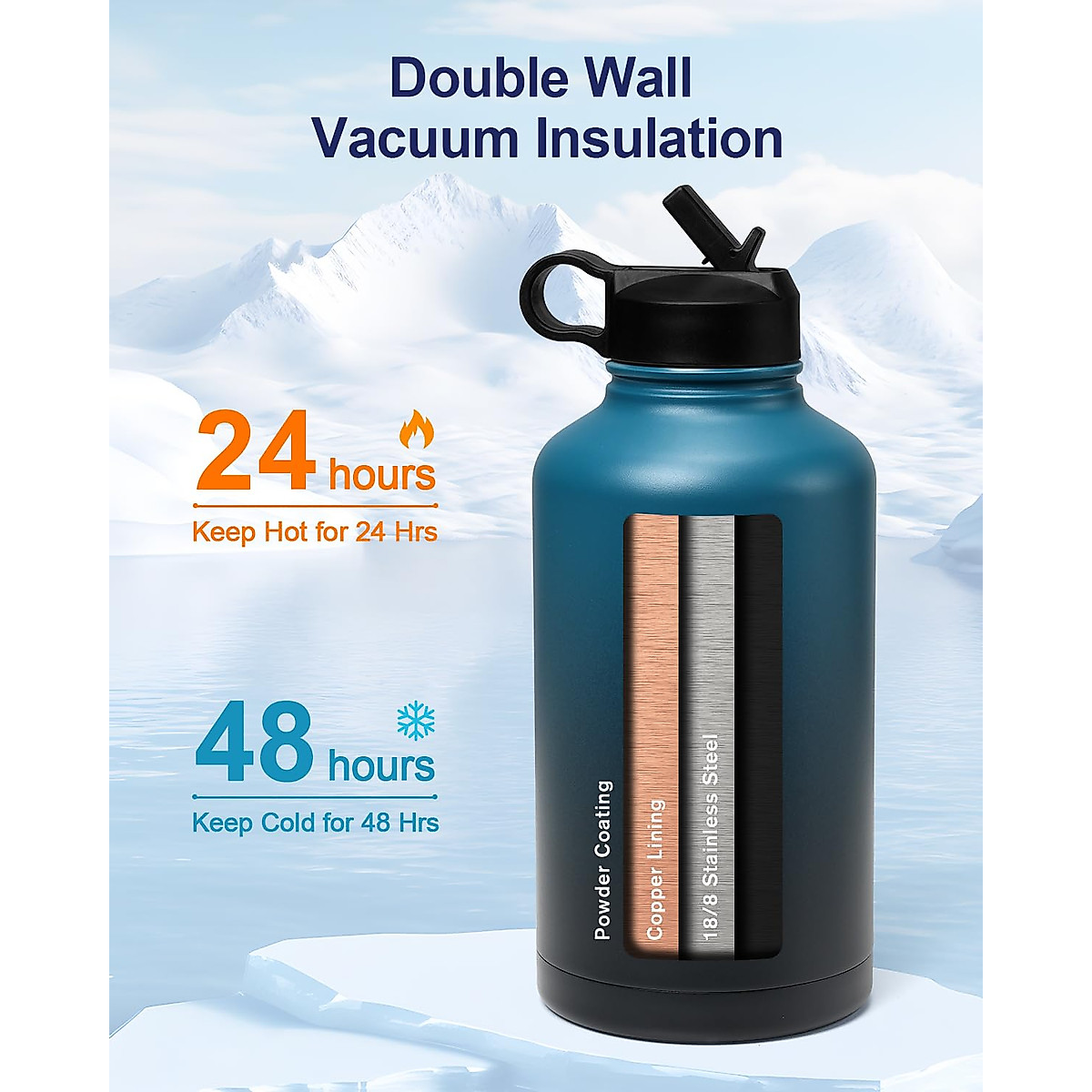 INSPI Insulated Water Bottle with Paracord Handle 64oz,Indigo Black