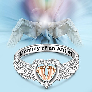 Angel Wing Ring for Women Mothers Sterling Silver Mommy of An Angel Rings Remembrance Footprint Band Memorial Keepsake Jewelry Size 8