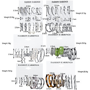 38 Pairs Silver Hoop Earring Sets for Women, Boho Dangling Earrings Pack, Acrylic Assorted Jewelry for Gift