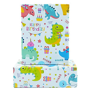 U'COVER Dinosaur Wrapping Paper Rolls Happy Birthday Gift Wrapping Paper Roll for Kids Boys Girls Baby Reversible Gift Wrap Dinosaur Star for Bday Party (DINOSAUR)