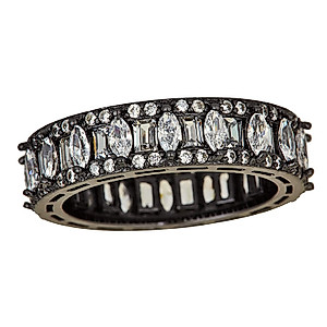 Sterling Silver Black Rhodium Baguette & Round Cut Cubic Zirconia Eternity Band Emerald Ring