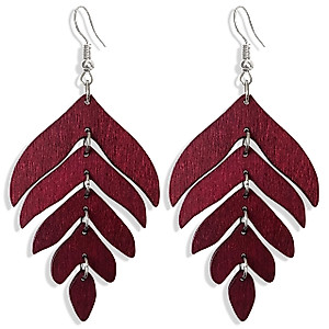 Handmade Lightweight Elegant Wooden Earring for Women - Statement Leaf Drop Dangle Earrings Bohemian Fashion Nature Wood Chain Leaf Earrings for Women Mom Sister Daughter Statement Jewelry Gifts (Wine Red)