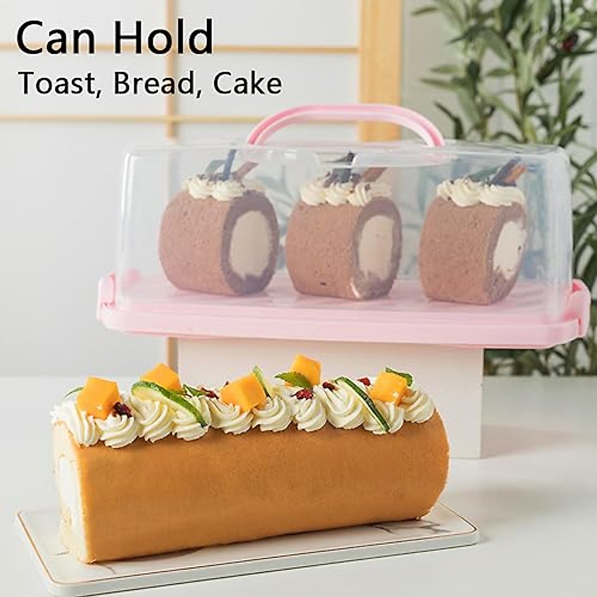 Oidium Cake Carrier with Lid and Handle,Rectangular Bread Storage with 2 Handles,Bread Container Size 13.8x5.9x5 In, BPA-Free，cake container for Transport Toast, Bread, Cake (Pink)