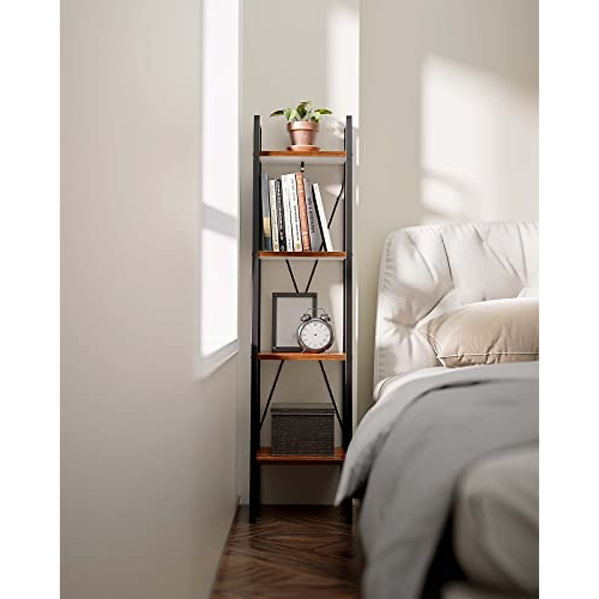 Pipishell Ladder Shelf Bookcase, 4 Tier Bookshelf, Freestanding Plant Flower Stand, Multipurpose Organizer Rack for Home/Office/Living Room/Balcony/Bedroom/Kitchen, Red Brown