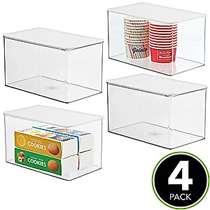 mDesign Plastic Stackable Kitchen Pantry Cabinet or Refrigerator Food Storage Container Box, Attached Hinged Lid - Organizer for Snacks, Produce, Pasta, Lumiere Collection - 4 Pack - Clear/White