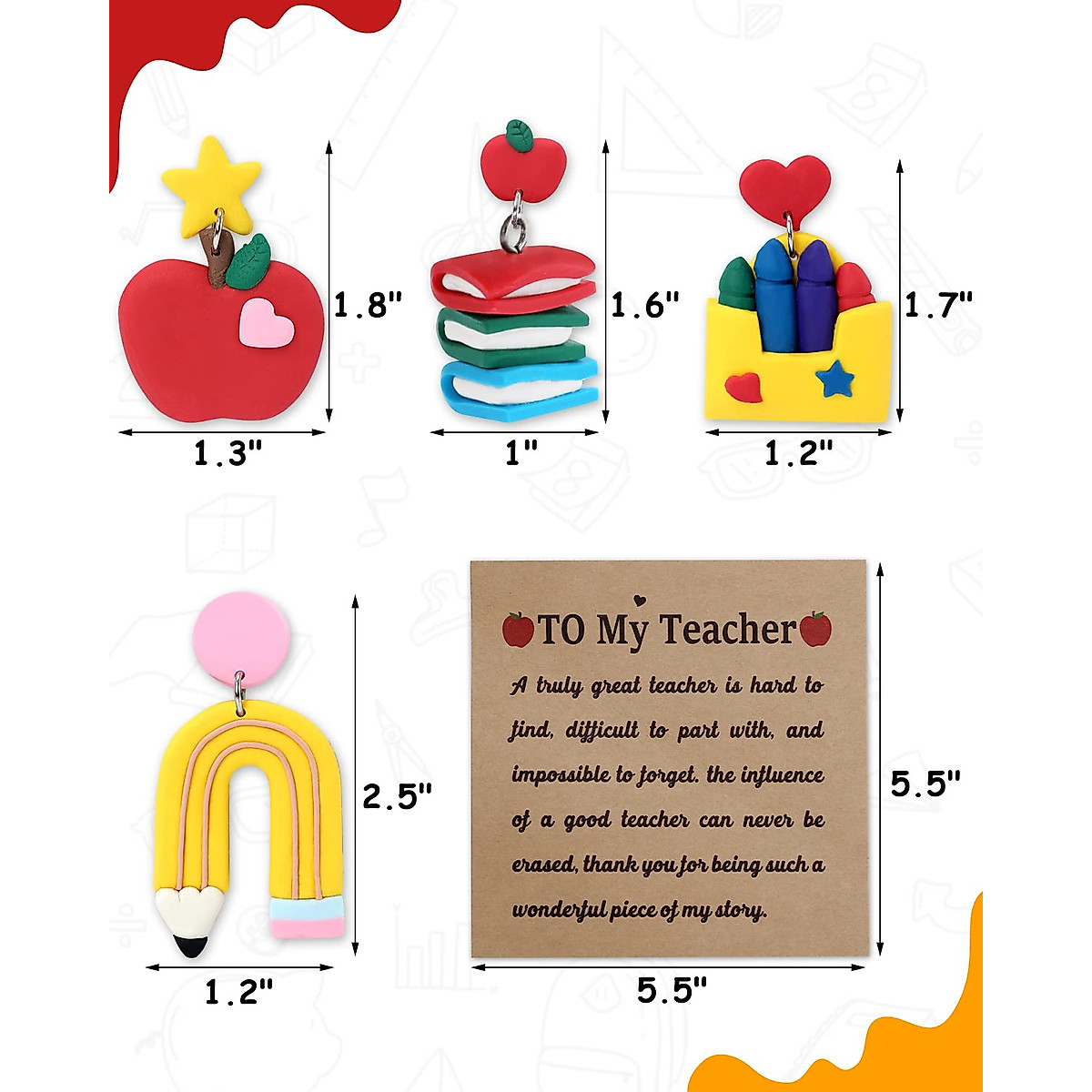 Tuitessine Teacher Polymer Clay Earrings with Appreciation Card Apple Pencil Books Crayons Jewelry for Mrs. Teacher Master Tutor Christmas Holidays Gift Basket Set of 4 Earrings in A Wrapped Box