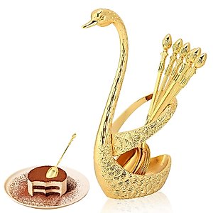 Agatige Gold Coffee Spoon for Coffee Bar, 6pcs 5in Long Coffee Stir Spoon Crown Handle Dessert Spoons Gold Tea Spoons Espresso Spoons with Decorative Swan Base Holder (Gold)