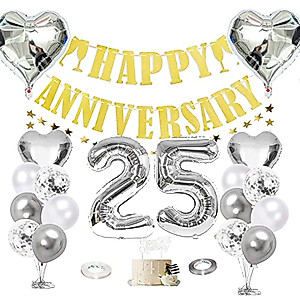 25th Anniversary Decorations, Happy 25th Wedding Anniversary Decorations with Banner, 25th Cake Topper, Huge Number Letter, Gold Star Hanging, Balloons for Happy 25th Anniversary Decorations
