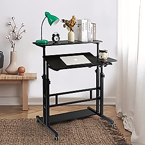 SIDUCAL Mobile Stand Up Desk, Adjustable Laptop Desk with Wheels Storage Desk Home Office Workstation, Rolling Table Laptop Cart for Standing or Sitting, Black