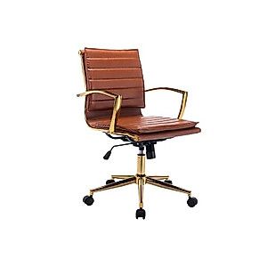 Shunzhi Leather Desk Chair with Armrest PU Leather Office Chair Midback Adjustable Home Computer Executive Chair Swivel Conference Task Chair Managers Chair with Chrome Base, Brown and Gold