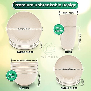Miizula Premium 16 Pcs Beige Wheat Straw Plastic Dinnerware Sets - Unbreakable Reusable Wheat Straw Bowls and Plates Dinner Set - Microwave Dishwasher Freezer Safe - Deep Spillproof - Eco Friendly