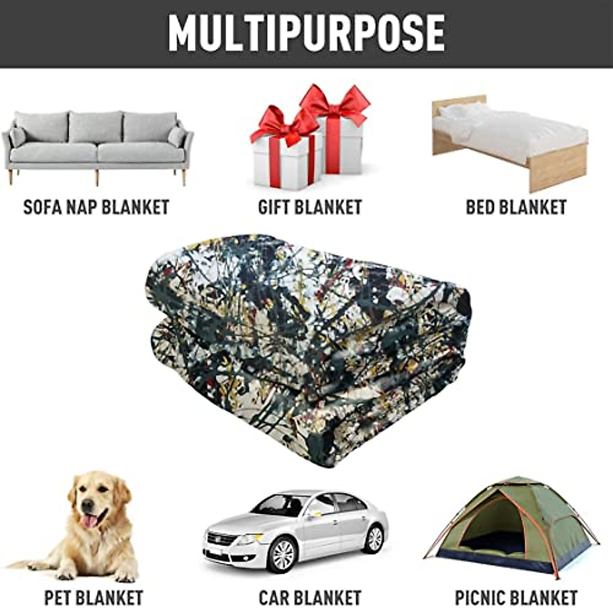 HommomH 60" x 80" Blanket Comfort Warmth Soft Cozy Air Conditioning Easy Care Machine Wash Jackson Pollock