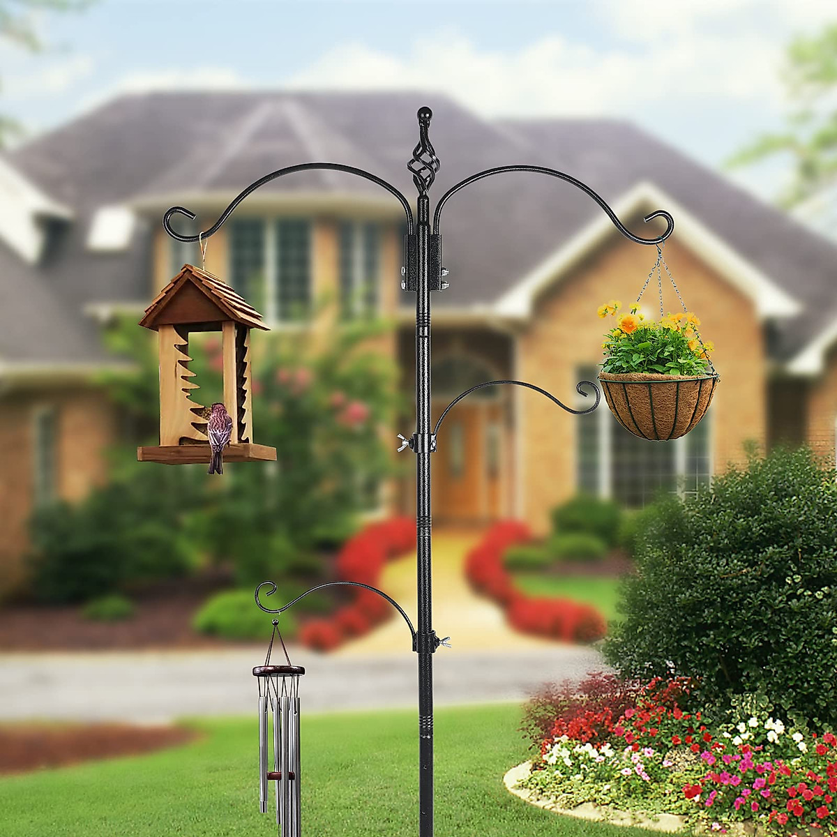 Bird Feeding Station Feeder Pole - Multi Hook 63 inches Stand for Watching Attracting Wild Bird Outdoor Hanging Pole by Highpro, 5-Prong Anchor Base