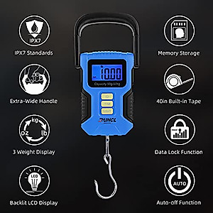 RUNCL Waterproof Fishing Scale with Lip Gripper, Fluorescent Button Digital Fish Scale 110lb/50kg - Backlit LCD Display, 40in Tape Measure - Hanging Scale for Home and Outdoor(Blue)