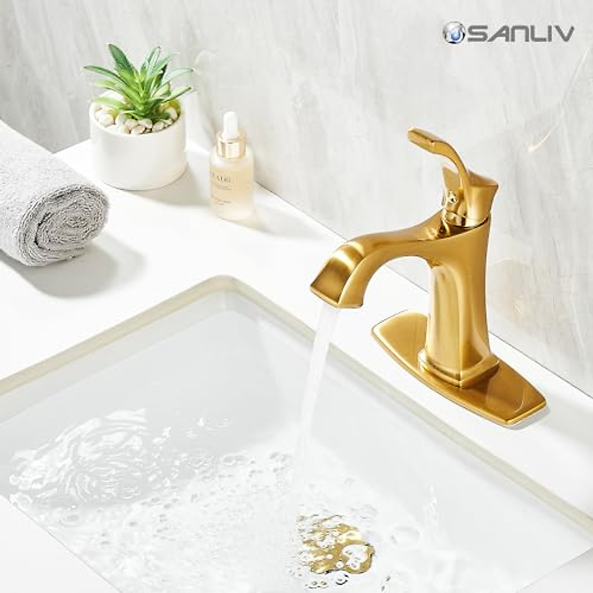 Sanliv Brushed Gold Single Handle Bathroom Faucet, Deck Mount, 1 or 3 Hole Centerset, Solid Brass Body, Ceramic Disc Cartridge, Easy Installation, 6-Inch Deck Plate