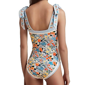 SKAYS Reversible Floral One Piece Swimsuit Women Bathing Suit Vintage Cute with Adjustable Straps Swimwear Blue L