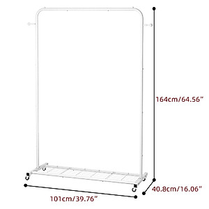 Sywhitta Clothes Rack on wheels, Clothing Rack with Bottom Mesh Storage Shelf,Sturdy Metal Frame,Rolling Garment Rack for Hanging Clothes,Coats,Skirts,39.76" L x 16" W x 64.56" H,White