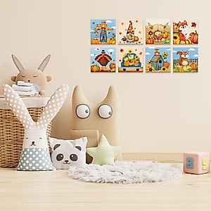 8 Packs Animals Pre Drawn Canvases for Painting, 8" X 8" Thansgiving Day Theme Pre Printed Canvas for Kids, Pre Stretched Canvas Outline Painting Boards for Beginners Students, Party Favor