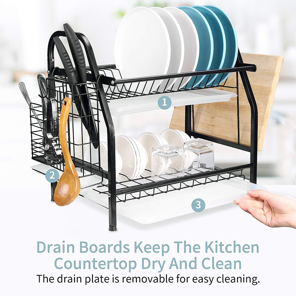 alvorog 2-Tier Dish Drying Rack with Utensil Holder and Cutting Board Holder, Stainless Steel Dish Rack with Removable Drain Boards Large Capacity Dish Drainer Kitchen Organizer for Countertop (Black)